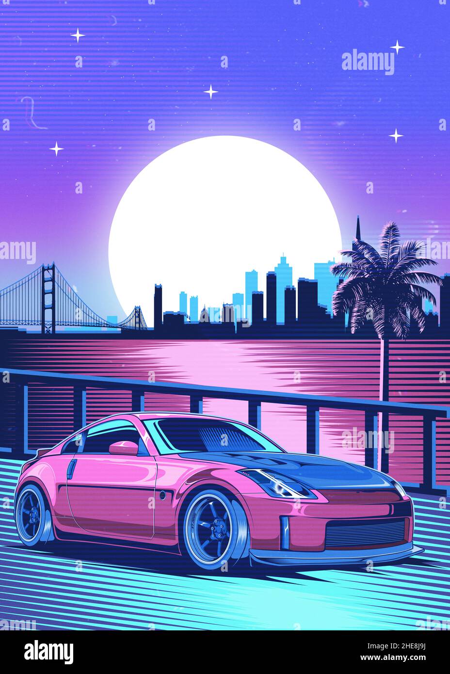A retro red Car Synthwave Poster with vaporwave sunset, neon gradient ...
