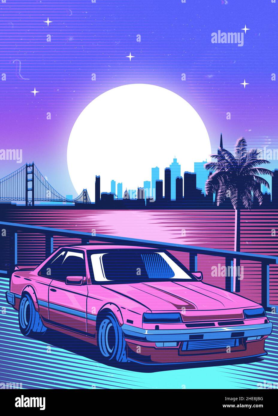 A retro red Car Synthwave Poster with vaporwave sunset, neon gradient ...