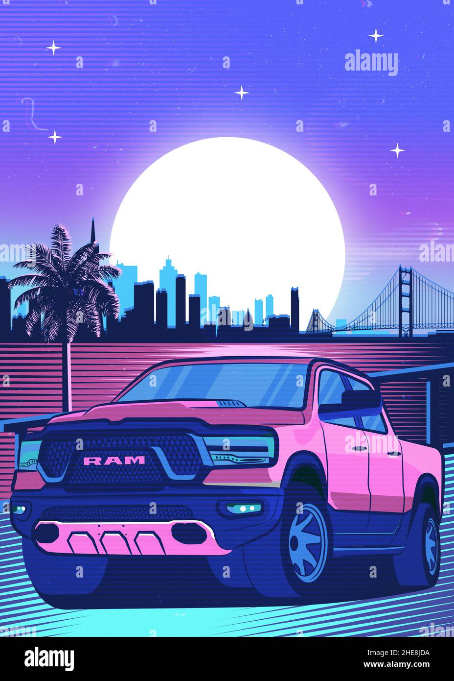 A retro red Car Synthwave Poster with vaporwave sunset, neon gradient ...