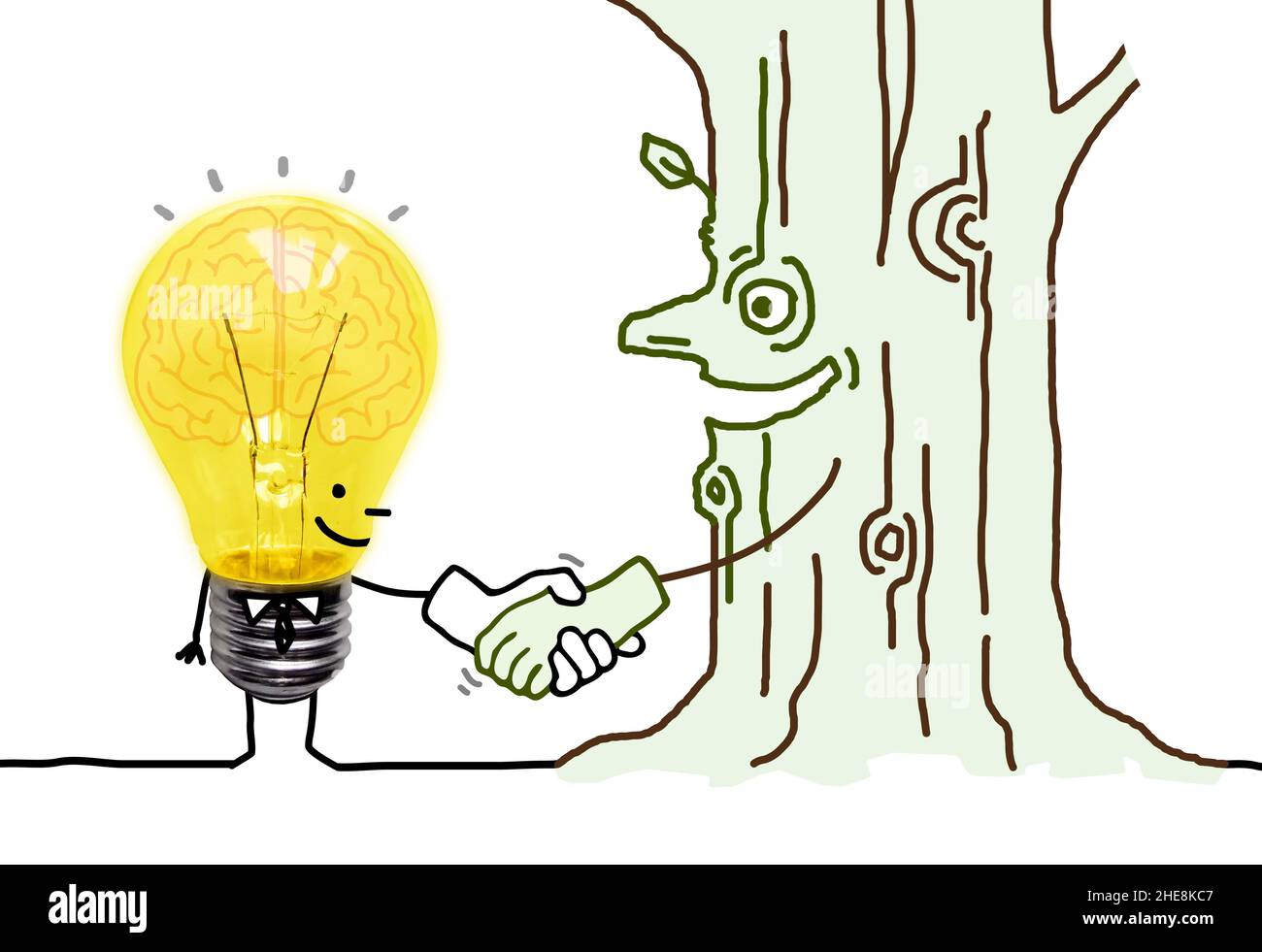 Hand drawn Cartoon Light Bulb Shaking Hand with a smiling Tree Trunk ...