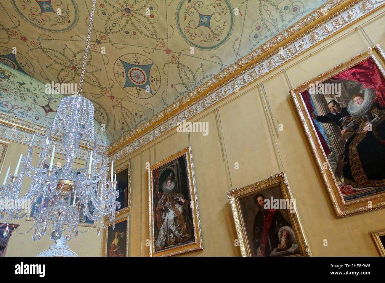 Saloon ceiling, with chandelier by John Adam, 1780-1790, glass ...