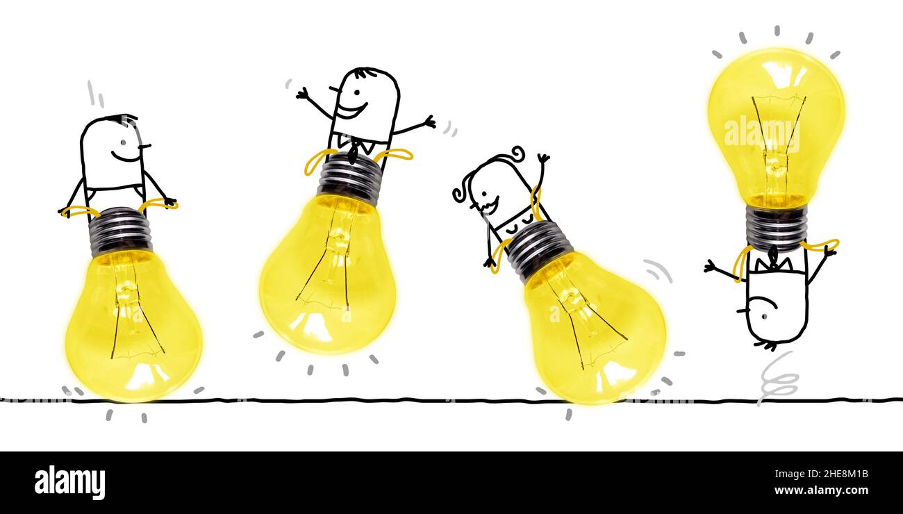 Hand drawn cartoon People playing and bumping wit big Light bulbs Stock ...