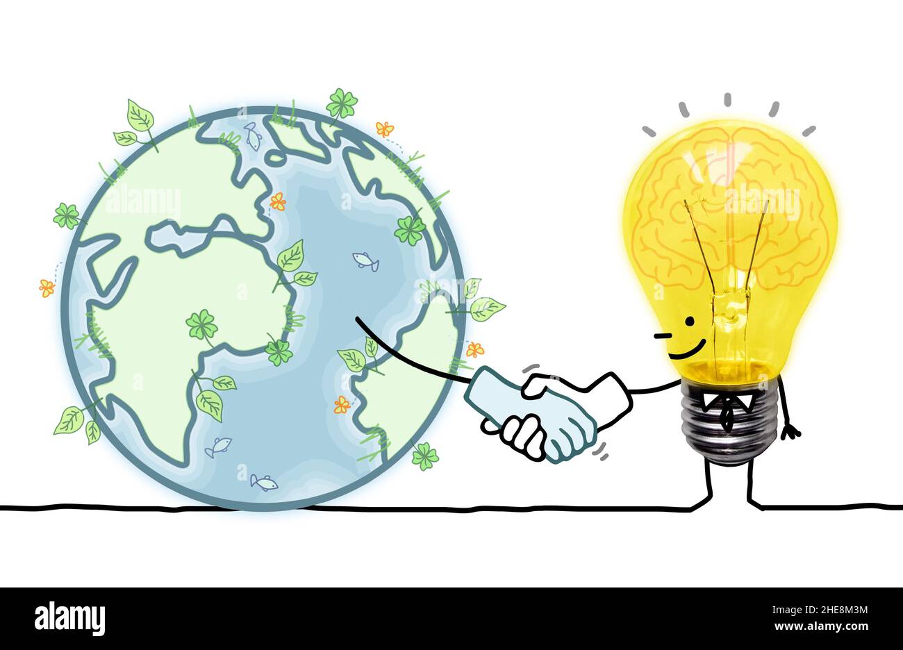 Hand drawn Cartoon light bulb Shaking Hand with the Earth Stock Photo ...
