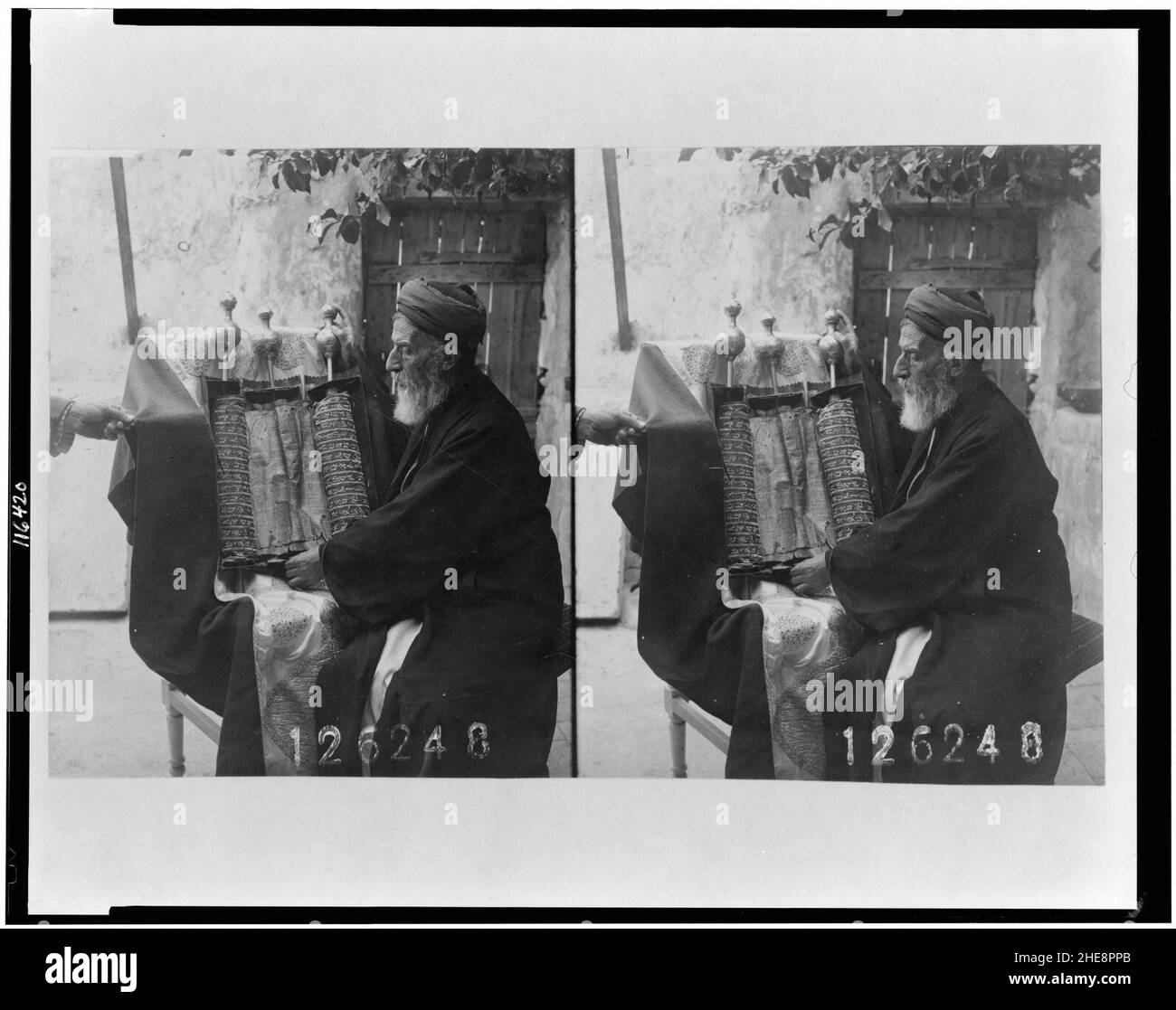 Samaritan high priest with ancient copy of the Pentateuch, Palestine ...