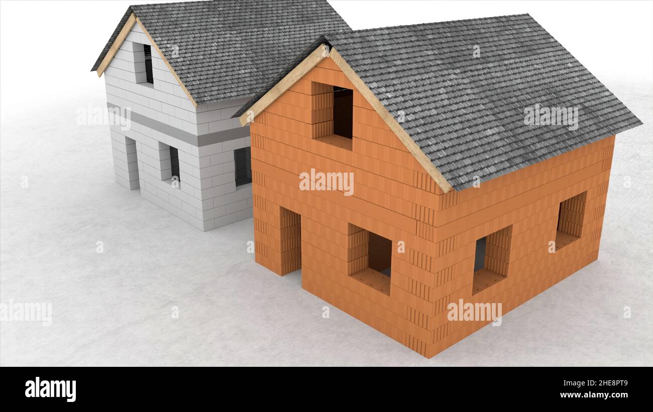 Abstract white and brown brick house 3D models isolated on white ...
