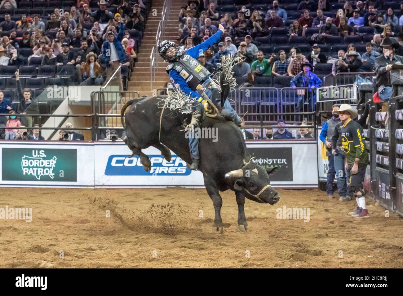 Mason Taylor rides Catfish during the Professional Bull Riders 2022 ...