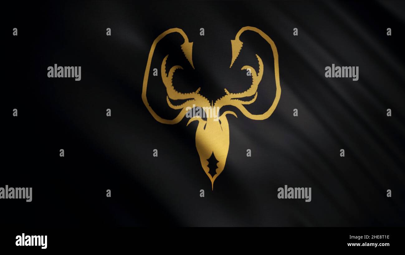 Fluttering flag with a golden kraken on black background, seamless loop ...