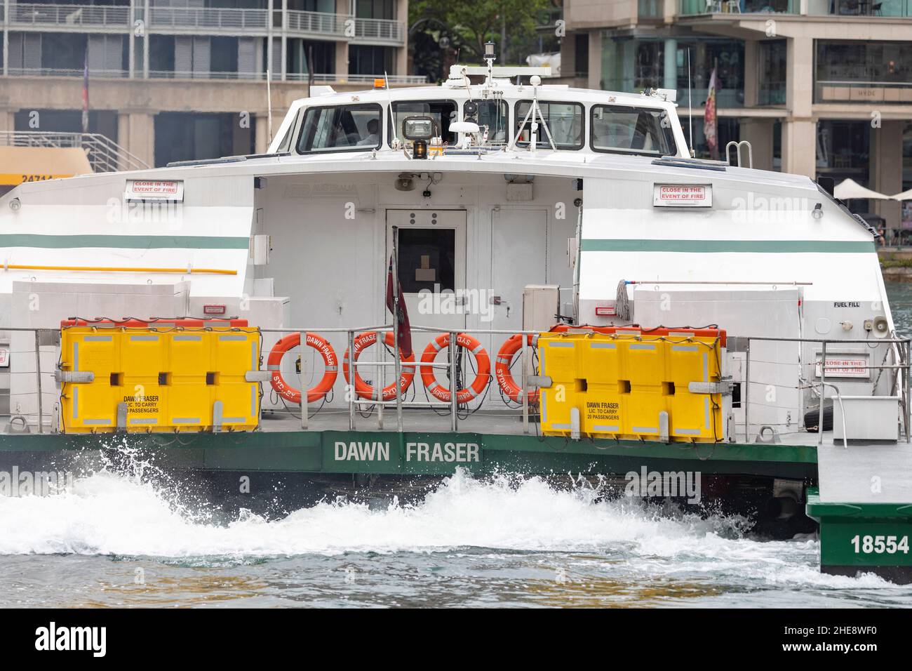 Stern of rivercat class ferry the MV Dawn Fraser on Sydney harbour,NSW ...