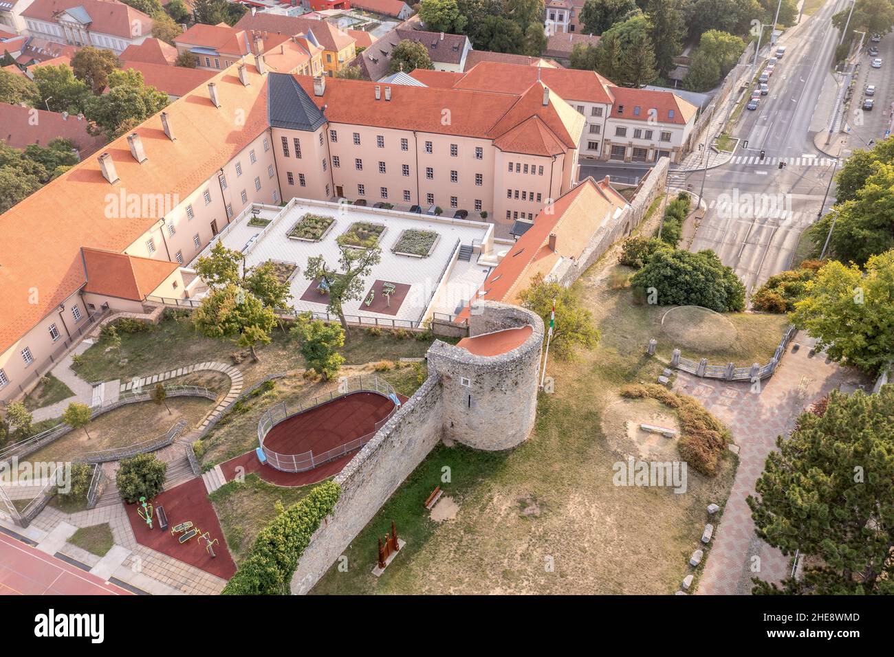 Aerial view of the medieval city wall and bishop palace in downtown ...