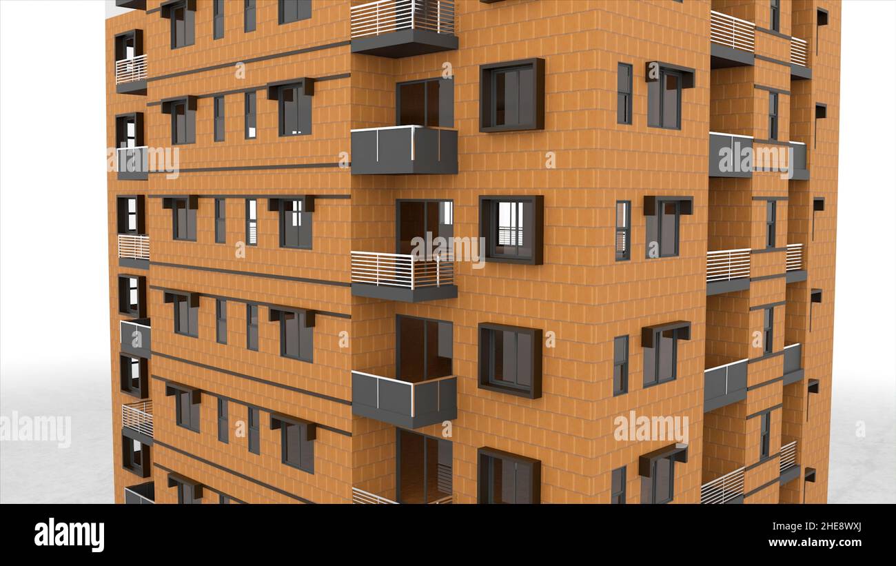 Abstract facade of the residential high-rise building isolated on white ...