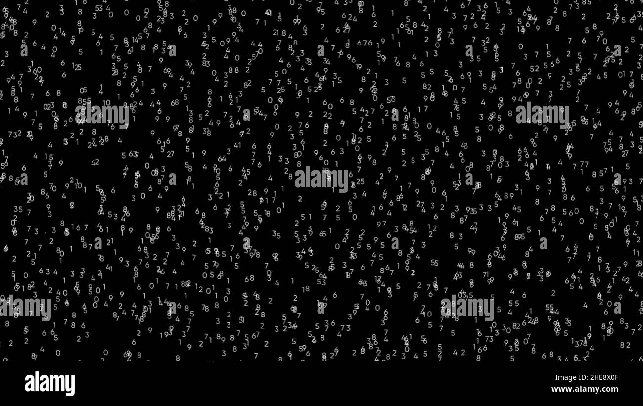 Abstract white different small numbers moving chaotically on black ...