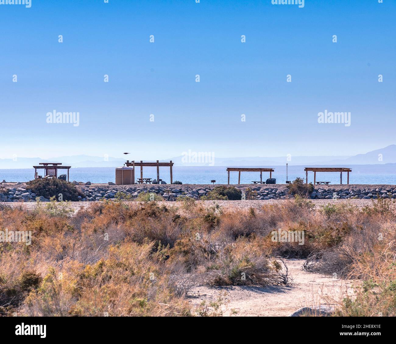 Mecca CA, USA - January 4, 2022: Picnic tables at the Salton Sea ...