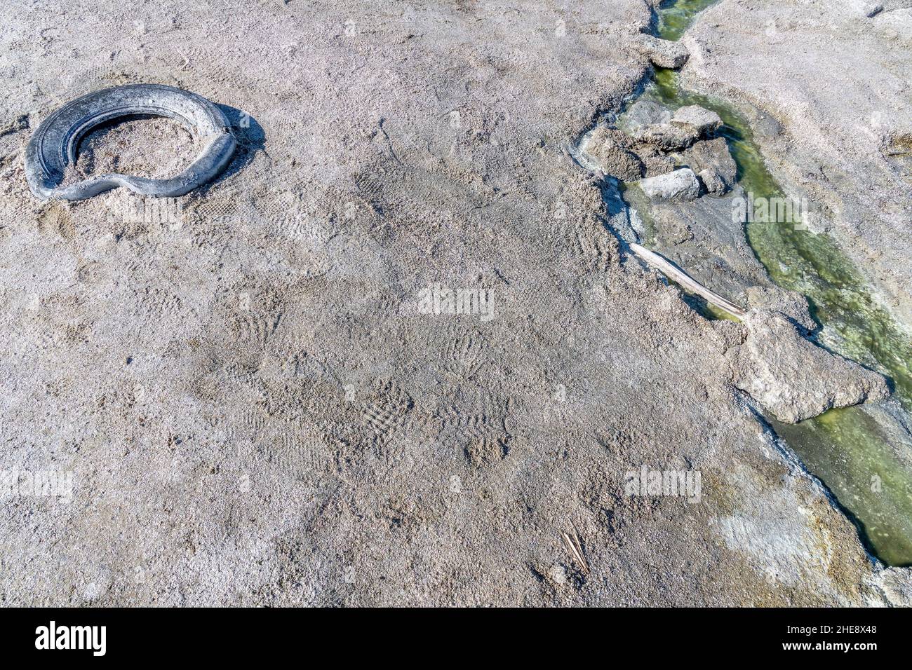 Mecca CA, USA - January 4, 2022: Garbage lines the coast at the Salton ...