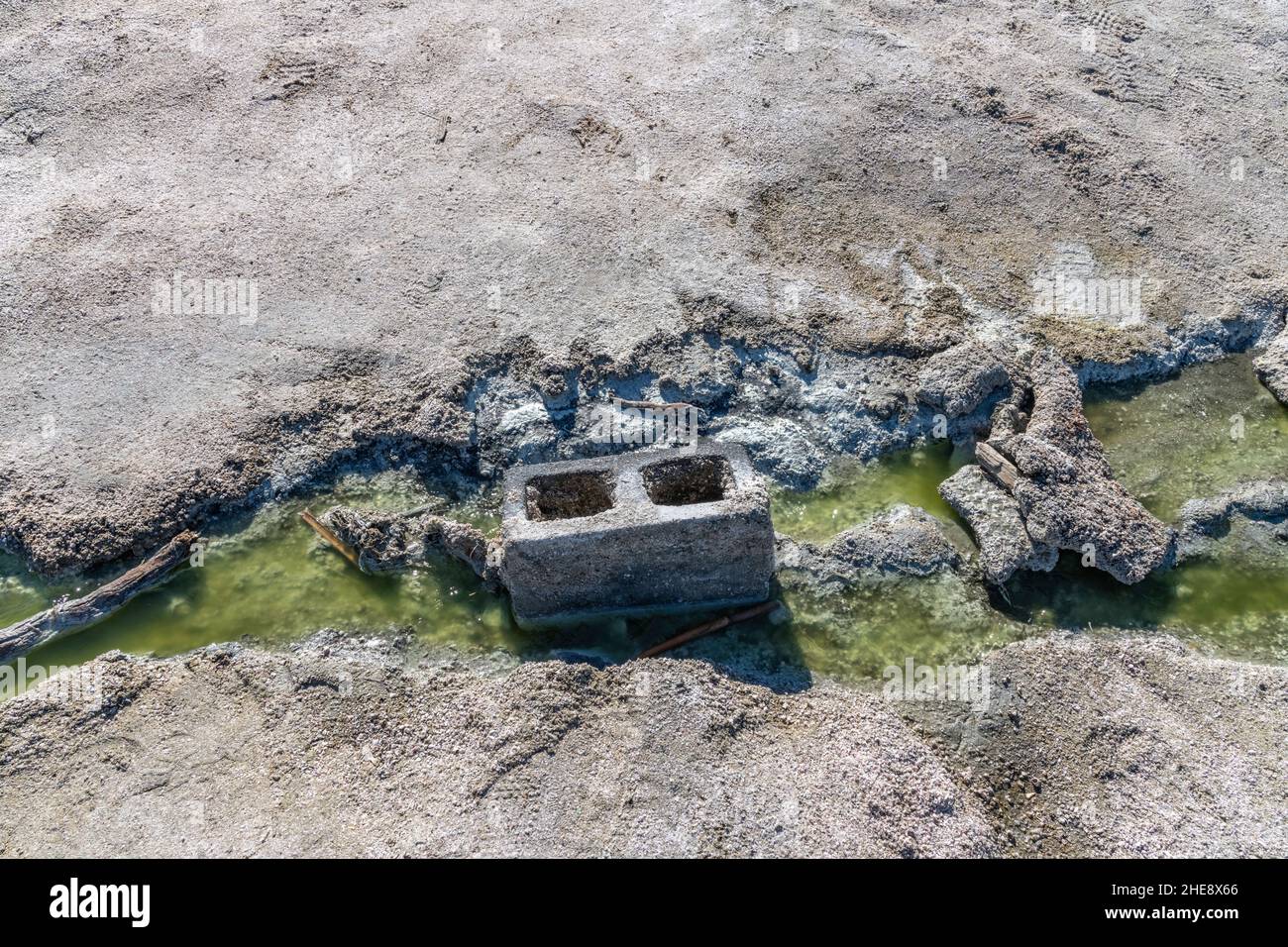 Mecca CA, USA - January 4, 2022: Garbage lines the coast at the Salton ...