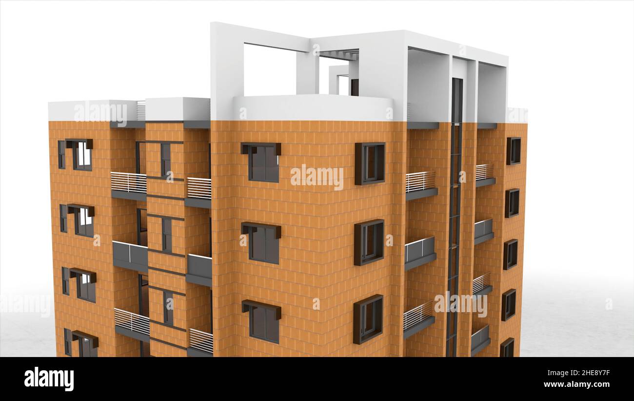 Looking at the bright high rise residential building and white fence 3D ...