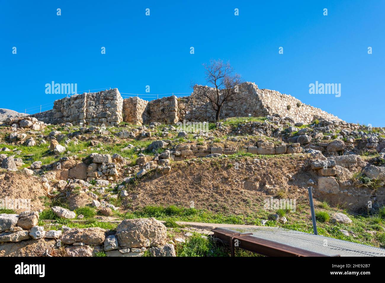 The ancient Bronze age mountaintop fortress of the Mycenaeans in the ...