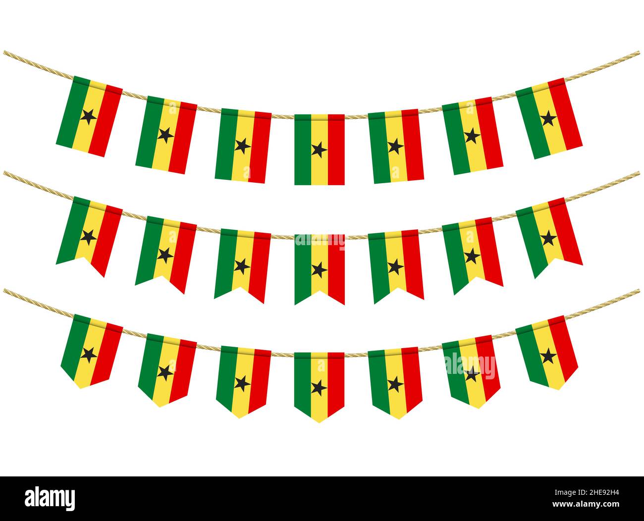 Ghana flag on the ropes on white background. Set of Patriotic bunting ...