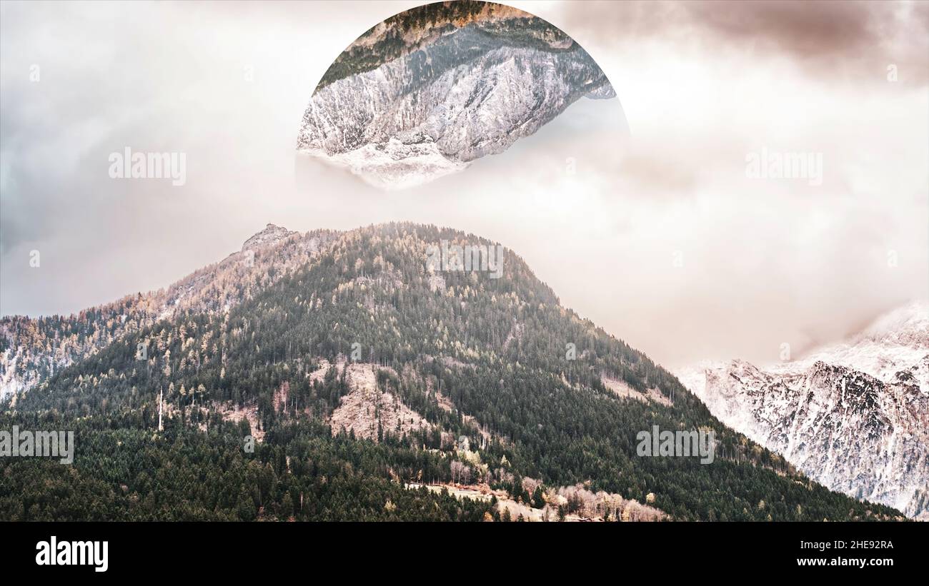 Abstract mountains covered with green forest and snow, big circle with ...