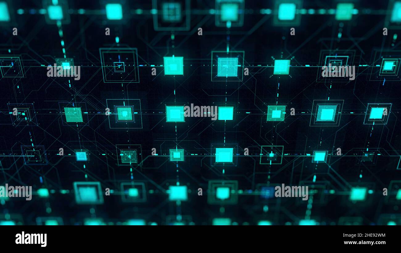 Abstract computer chip or circuit board background. Blue moving signals on black background ...