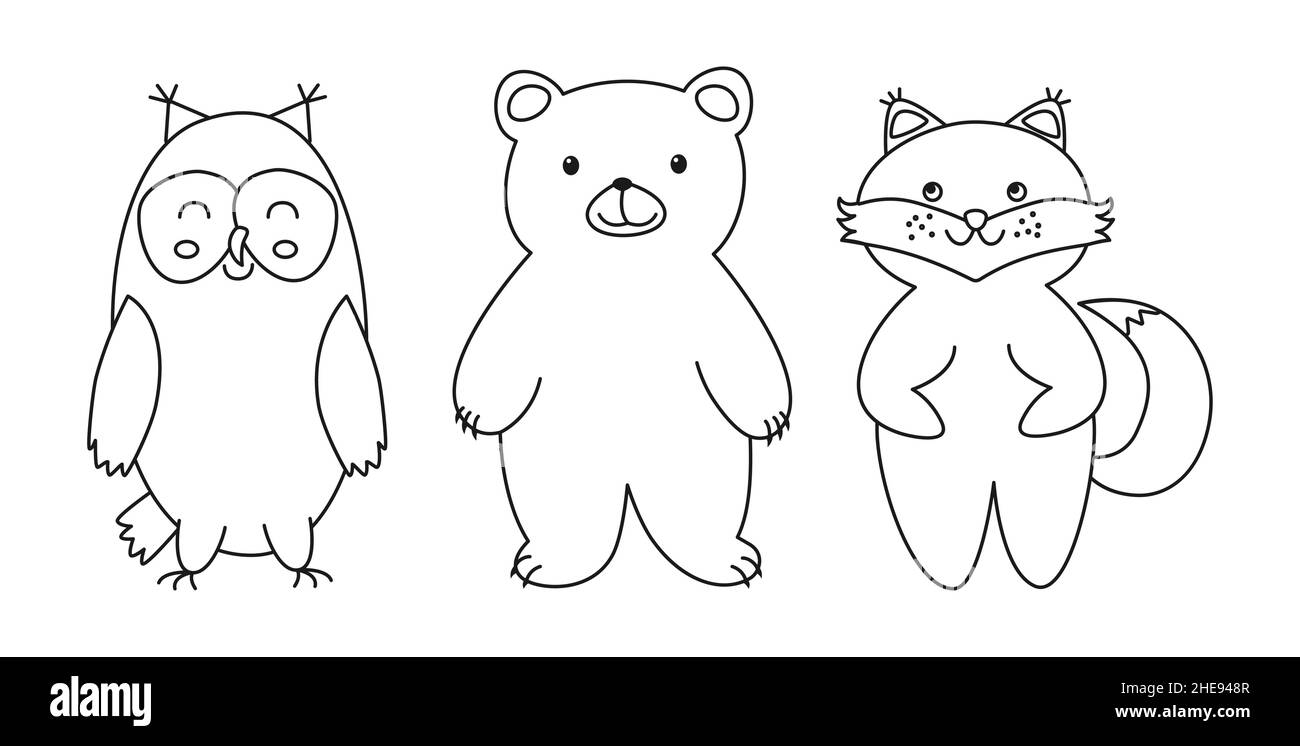 Forest silhouette line, outline animals set. Bear, fox, owl. Christmas ...