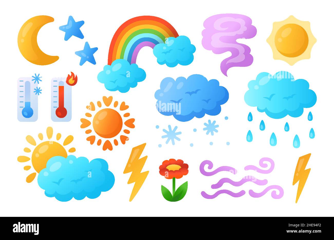 Weather cartoon gradient set. Sun and clouds, rain or snow, lightning ...