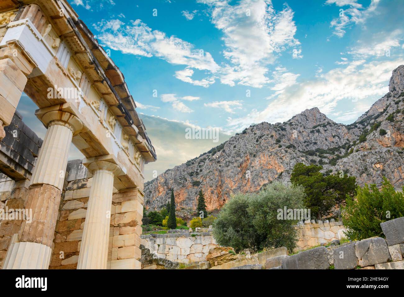View of the mountain and ruins at the ancient oracle site of Delphi ...