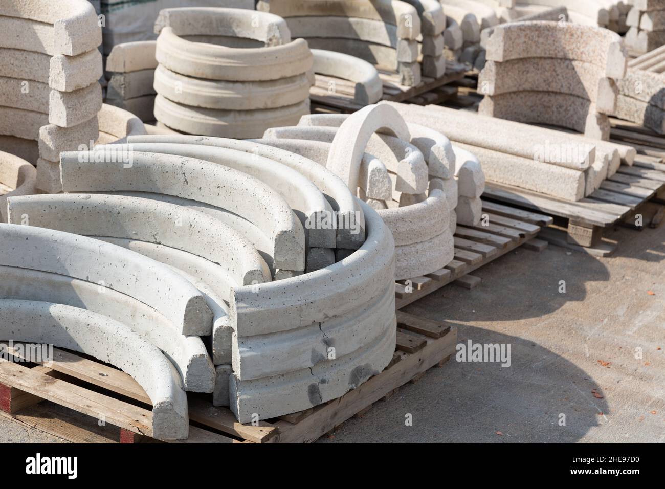 Semicircular rings made of concrete on pallets of hardware store Stock ...
