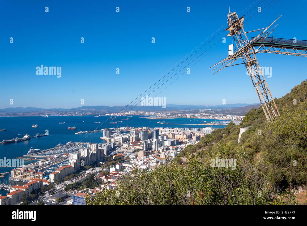 View of the Gibraltar Cable Car aerial tramway in Gibraltar which ...