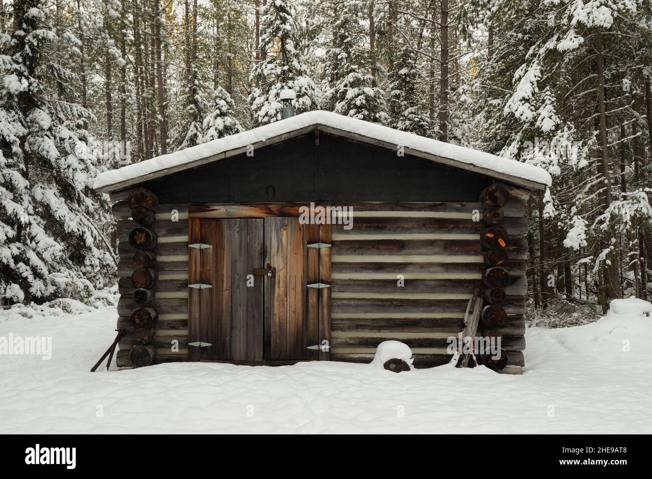 A logging cabin is one of the many exhibits in the Algonquin Logging ...