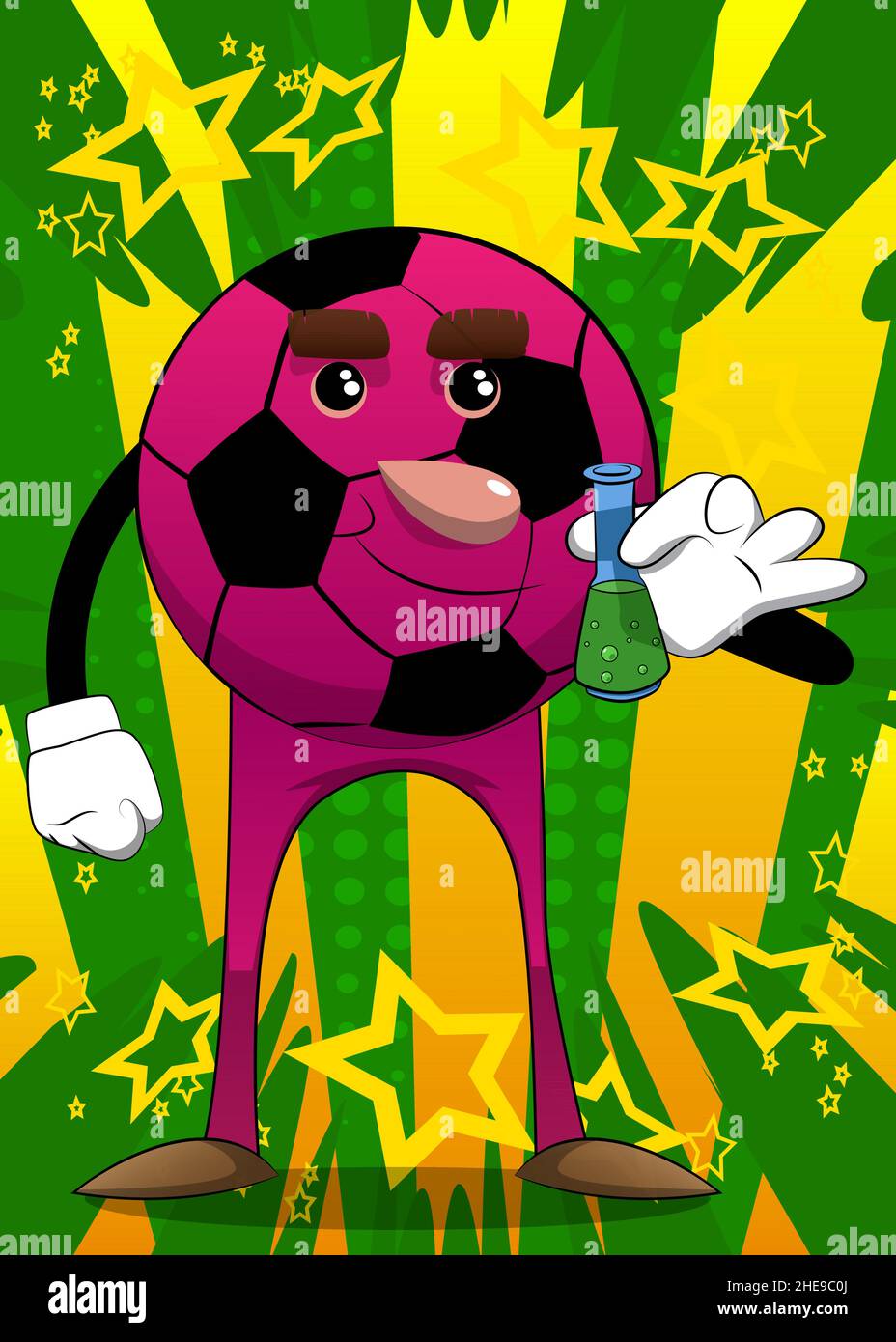 Soccer ball holding a test tube. Traditional football ball as a cartoon ...