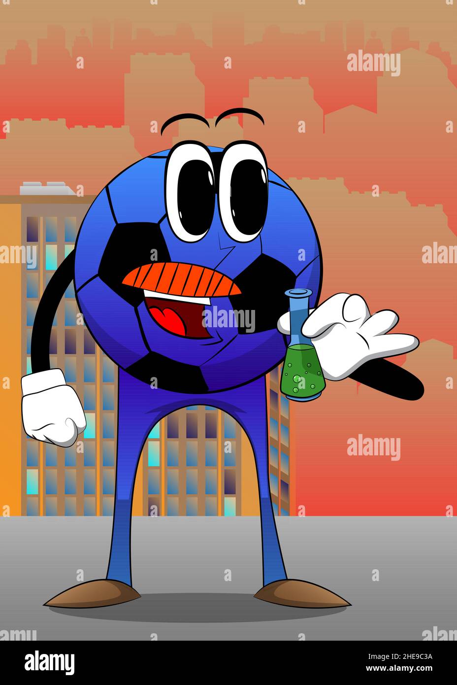 Soccer ball holding a test tube. Traditional football ball as a cartoon ...