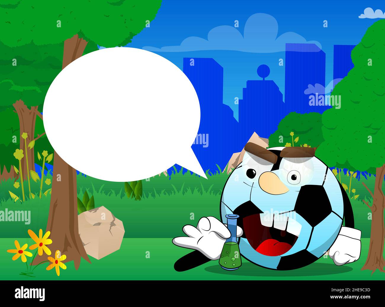 Soccer ball holding a test tube. Traditional football ball as a cartoon ...