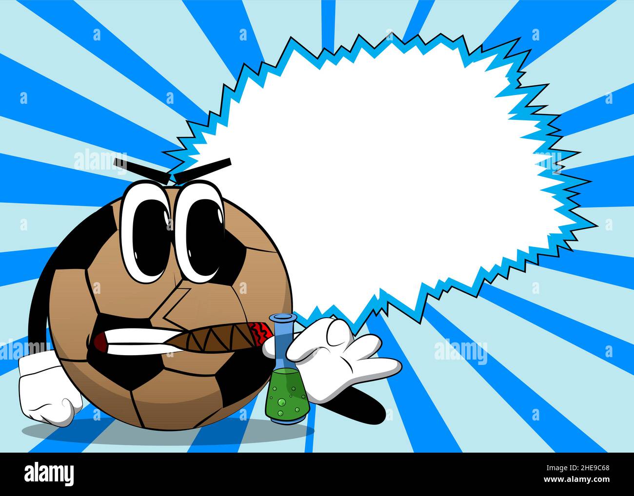 Soccer ball holding a test tube. Traditional football ball as a cartoon ...