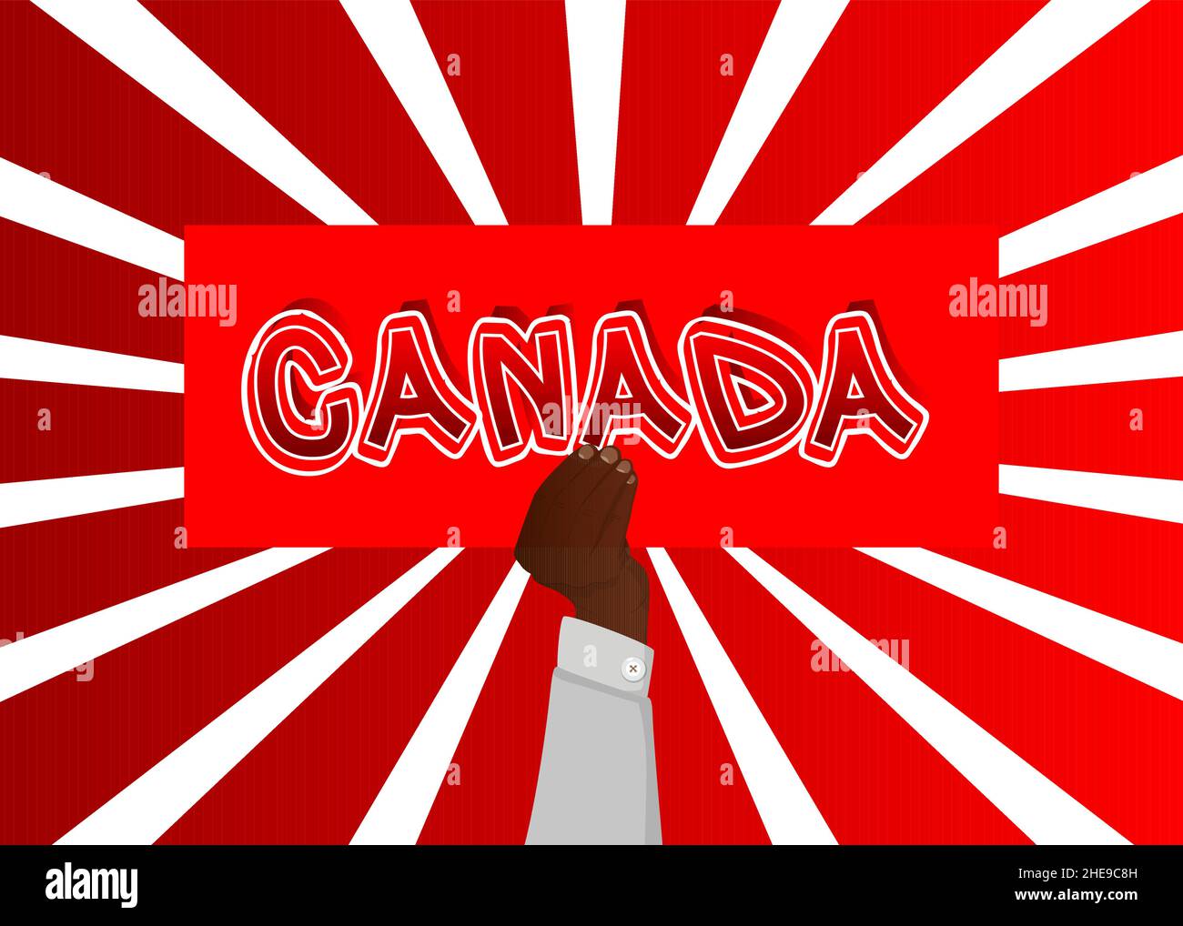 Hand holding banner with Canada text. Arms raised showing billboard ...
