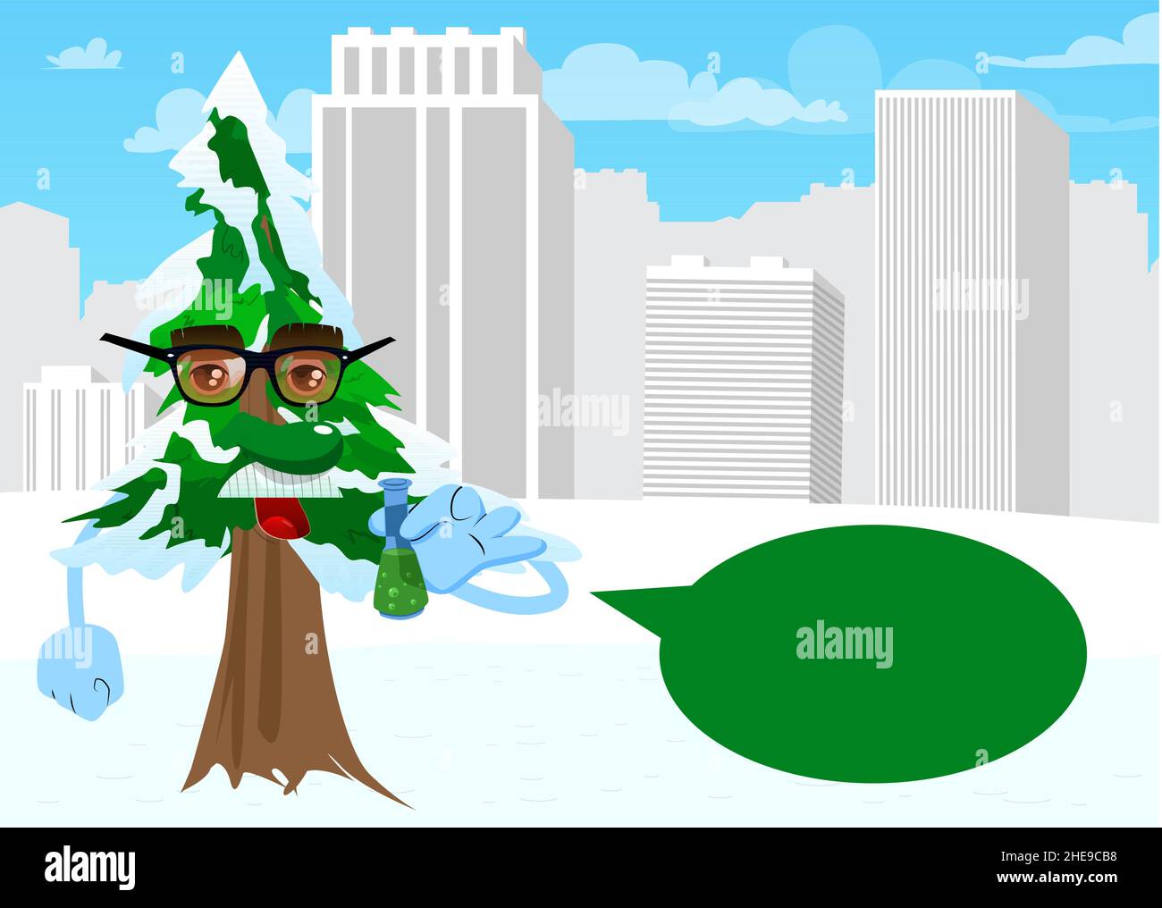Cartoon winter pine trees with faces holding a test tube. Cute forest ...