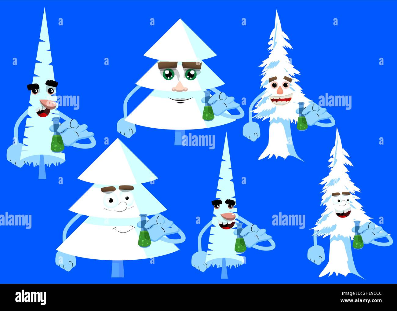 Cartoon winter pine trees with faces holding a test tube. Cute forest ...