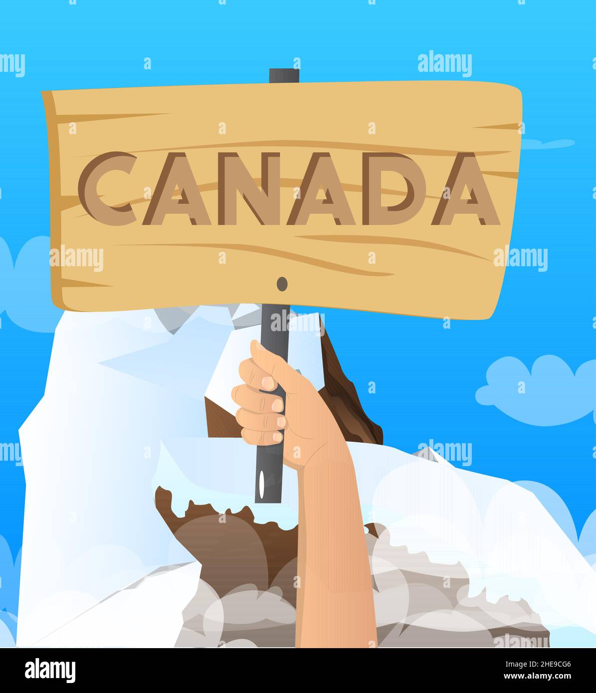 Hand holding banner with Canada text. Arms raised showing billboard ...