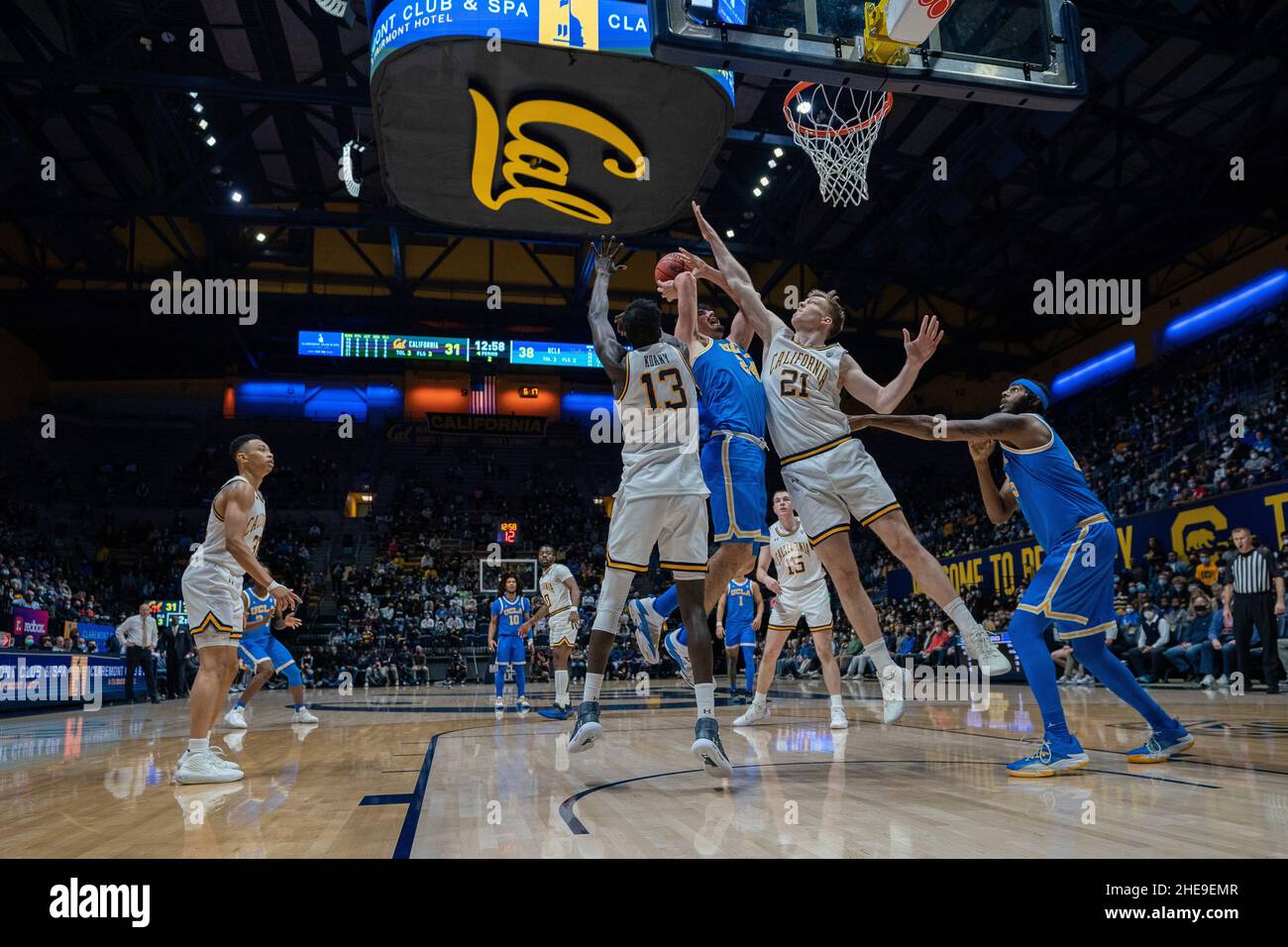 UCLA guard Jaime Jaquez Jr. (24) is fouled by California forward Lars ...
