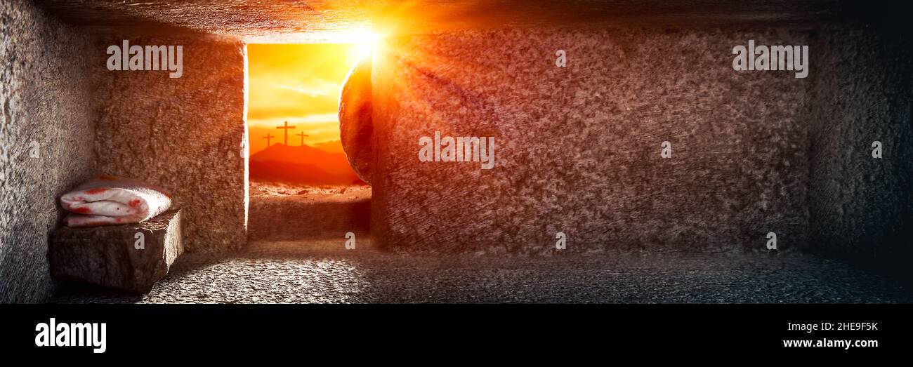 Open Tomb At Sunrise With Grave Clothes And Three Crosses ...