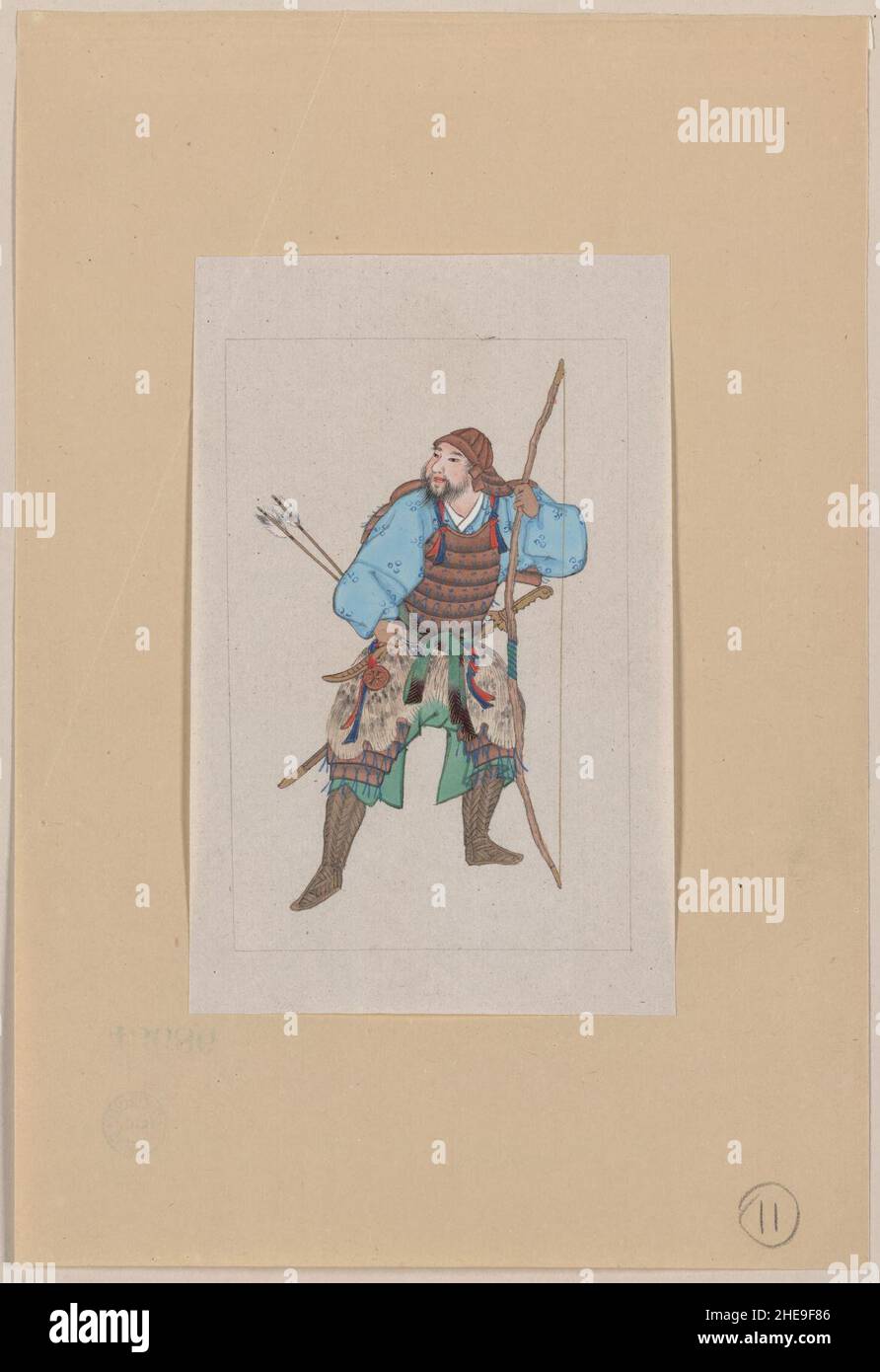 Samurai, standing, facing left, wearing armor and holding a bow, also ...