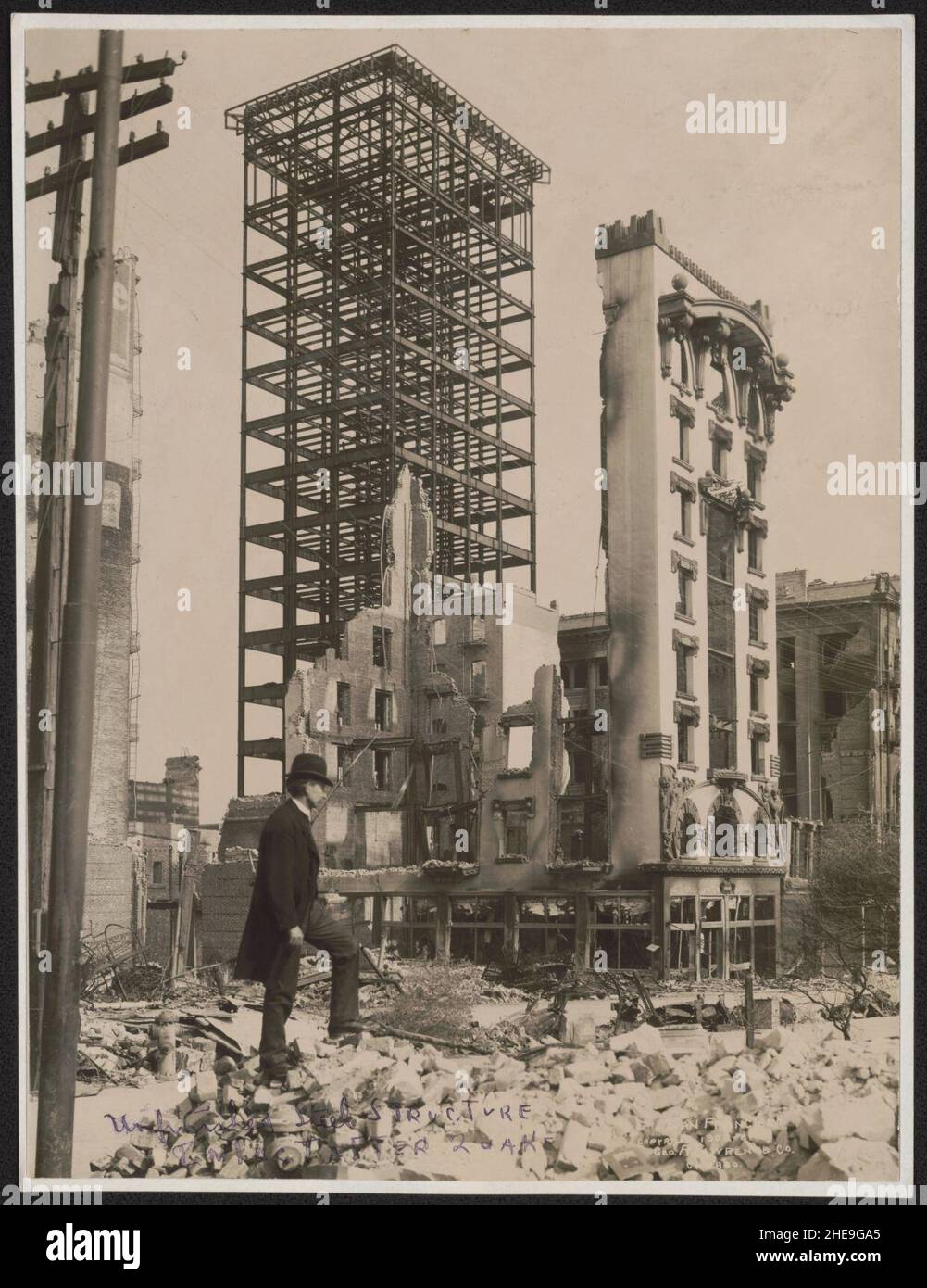 San Francisco disaster - earthquake and fire - man standing among ...