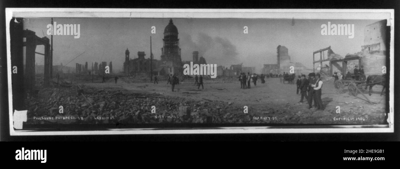 San Francisco disaster, showing ruins of buildings- view of Larkin St ...