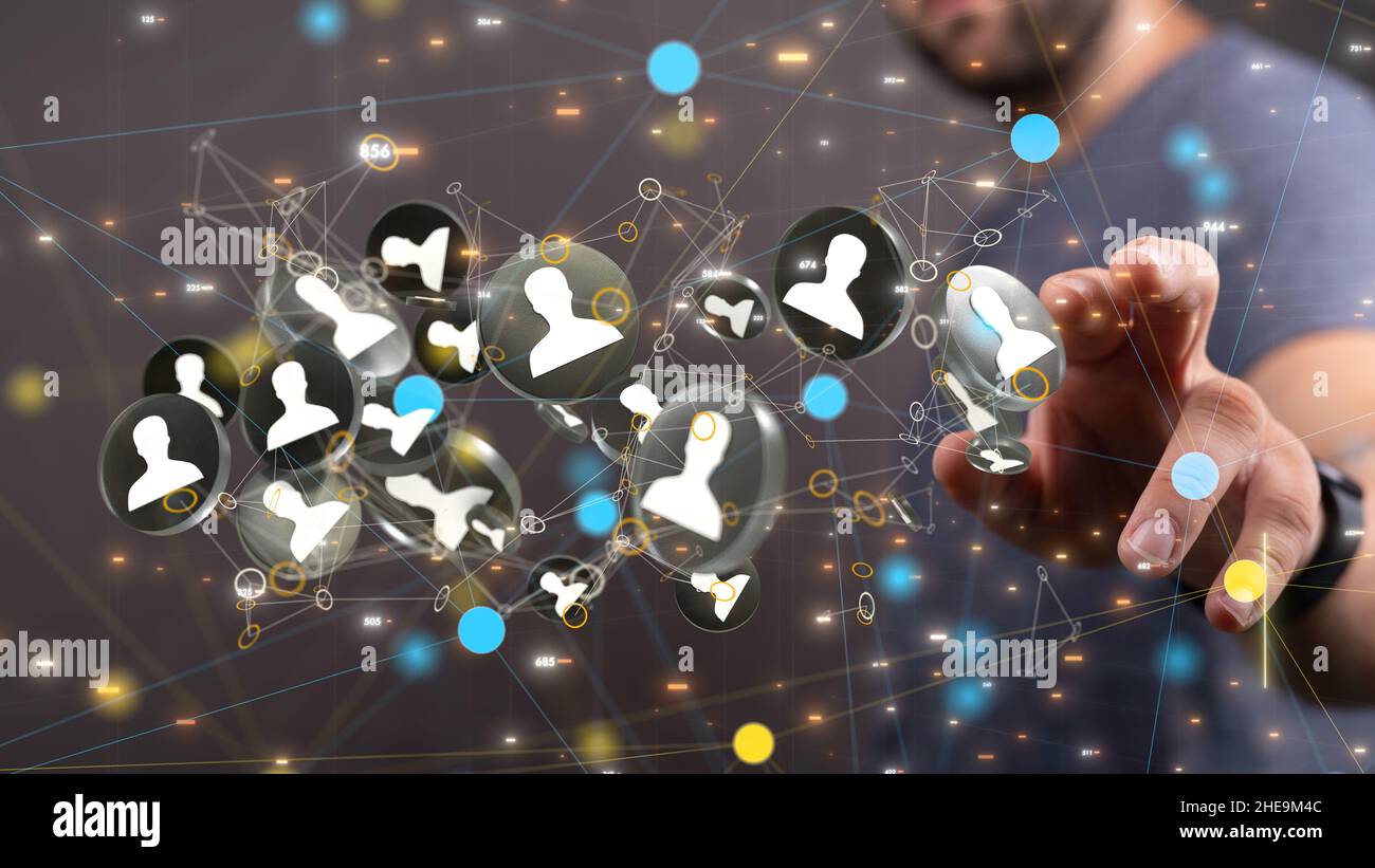 Shallow focus of a human hand pointing on connected human icons, team ...