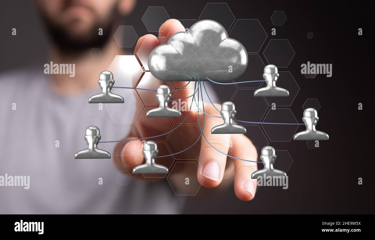 Shallow focus of a human hand holding cloud and human icons, cloud ...