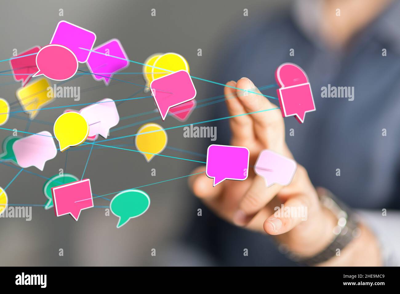 Shallow focus of a human hand pointing on mobile icons, business ...