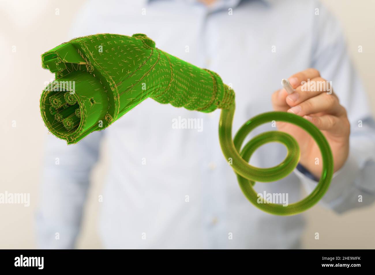 Human hand with a pen and power supply icon for electric car charging ...