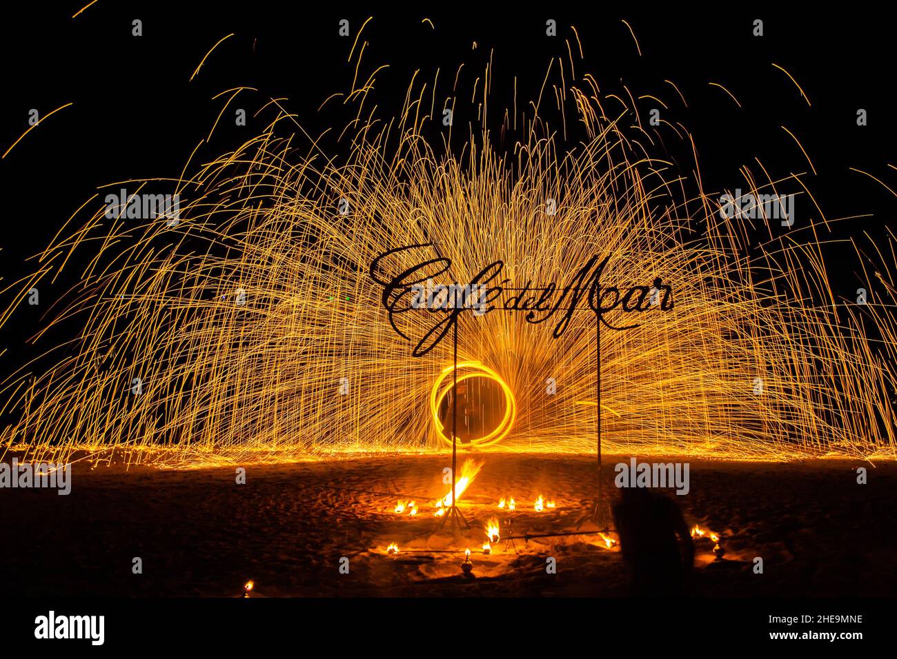 Fire show on the beach at night in Phuket, Thailand Stock Photo - Alamy