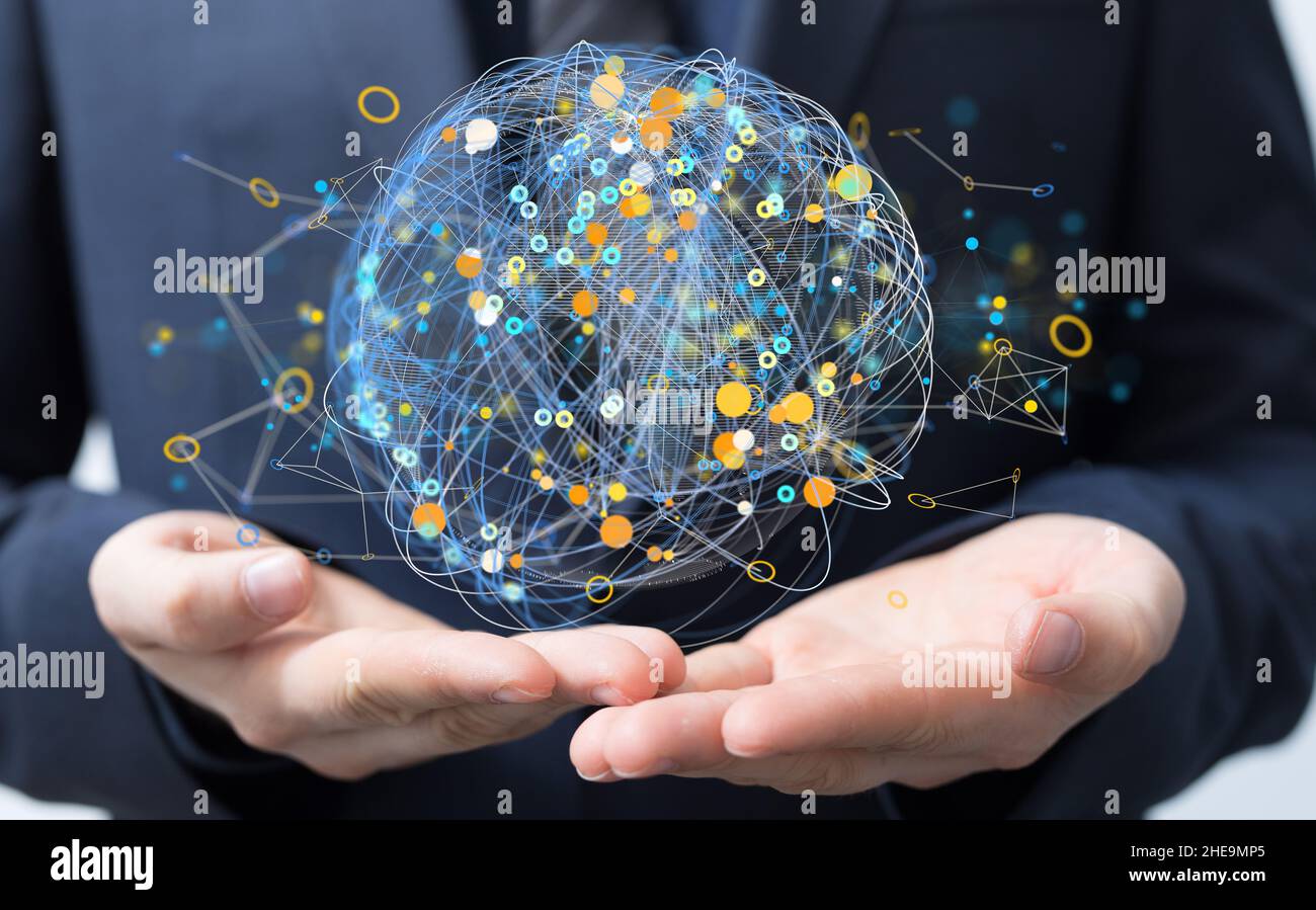 Shallow focus of human hands holding an interconnected globe icon ...