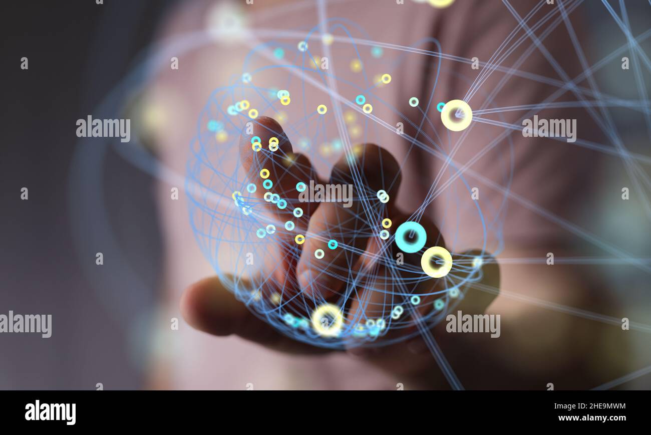 Shallow focus of a human hand pointing on interconnected globe icon ...