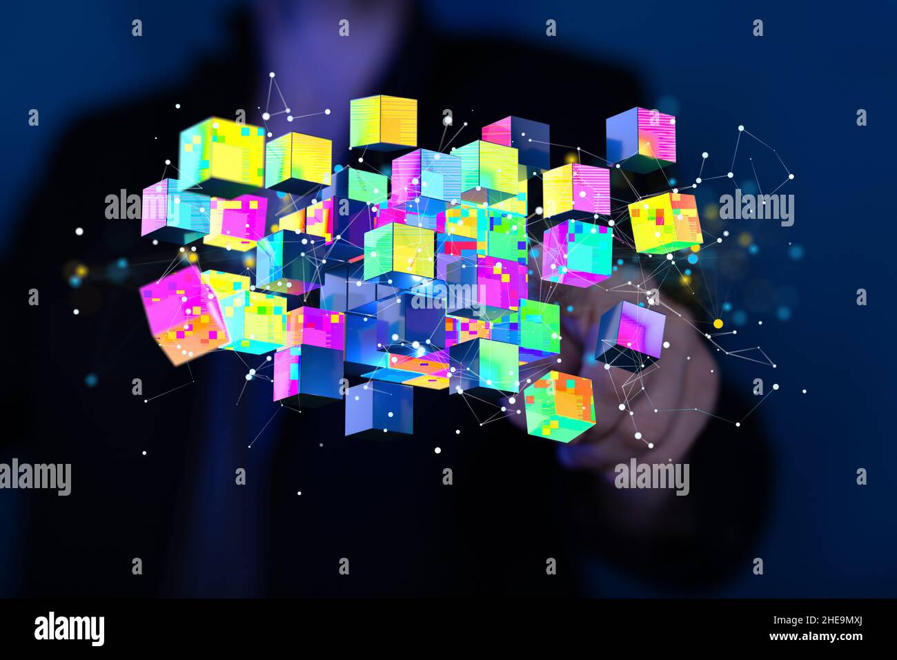 Shallow focus of a human hand pointing on 3D abstract icons, data ...